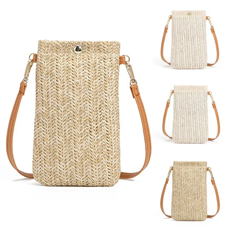 Wallet Women Diagonal Straw Woven Mobile Phone Clutch Bag with Built-In ...