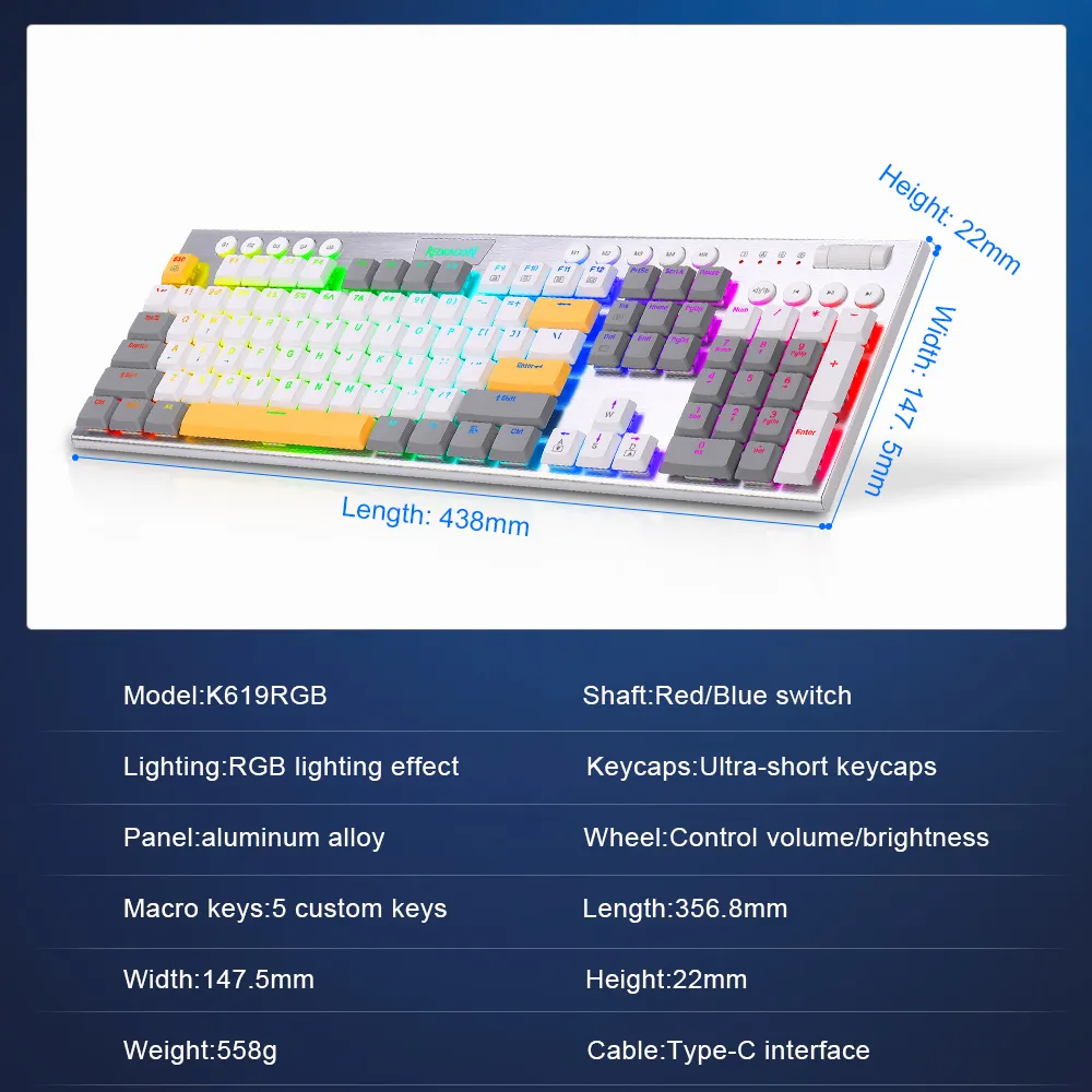 REDRAGON Horus K619 RGB USB Mini Slim machenike keyboard with Ultra-Thin Red Switch and 104 Keys ...