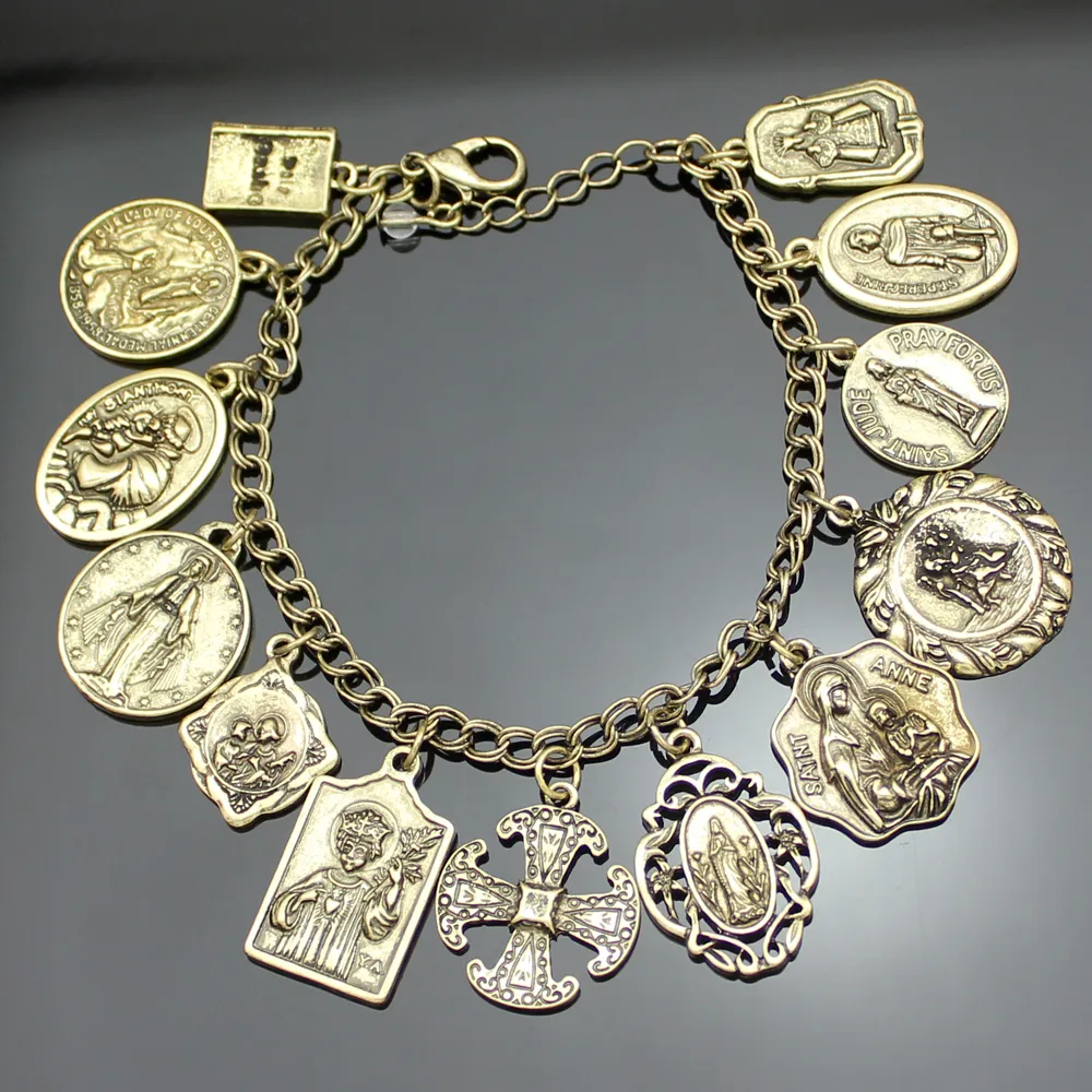 Vintage Catholic Religious Bracelet Silver Plated Saints Medal Bangle ...