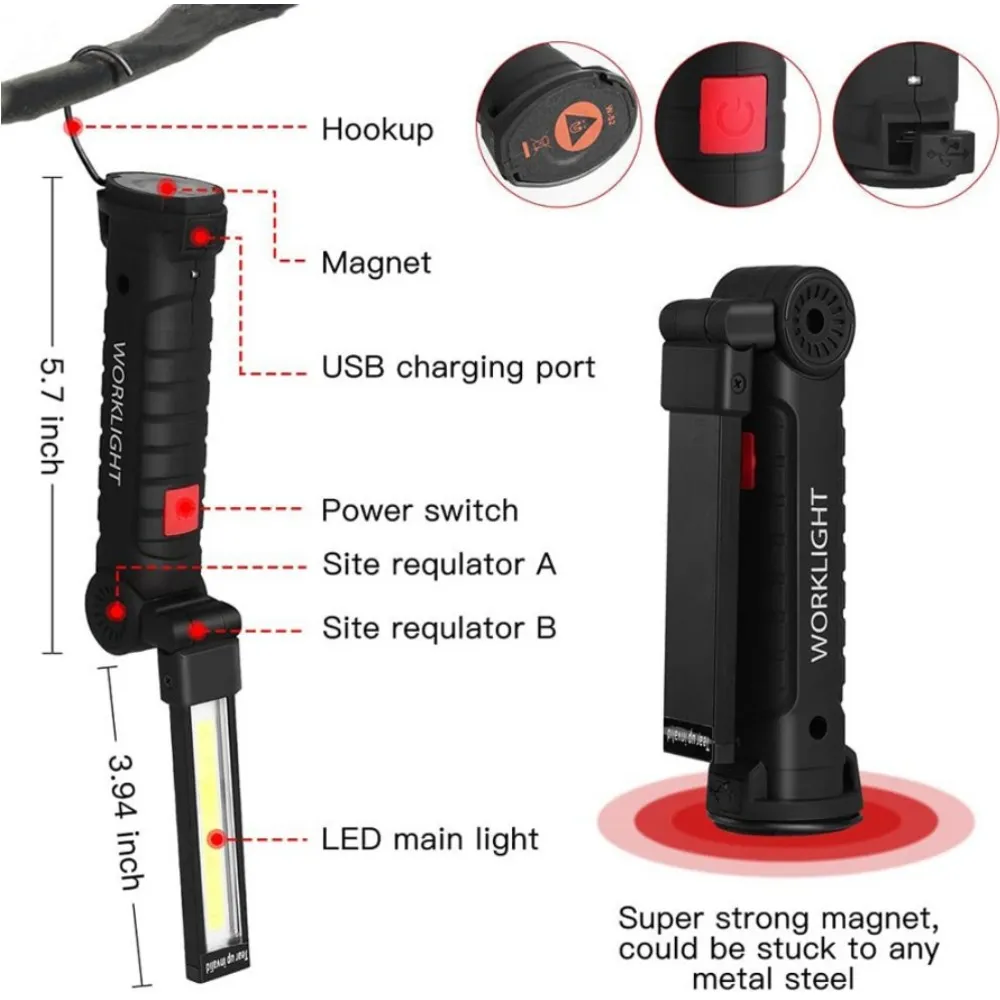 DHgate.com:Portable COB LED Flashlight: Magnetic USB Rechargeable Work ...