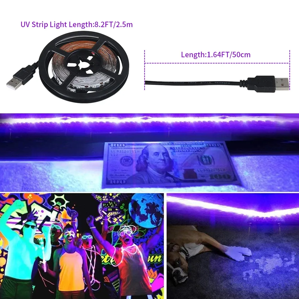 USB LED Light Strip 2.5M UV Black Strip Light 395nm 150 LEDs Black ...