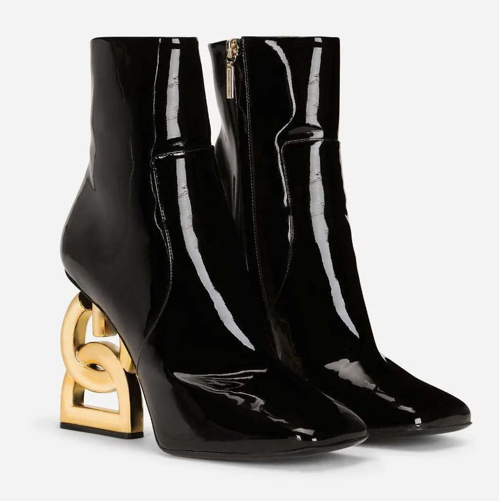 Leather Ankle Boots Women Black Patent Leather Booties With Chain Charm ...