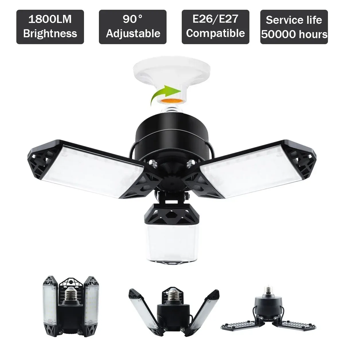 Garage Ceiling Lights 80W Deformable LED Lighting for Garage Ceiling, 8000LM E26/E27 Folding ...