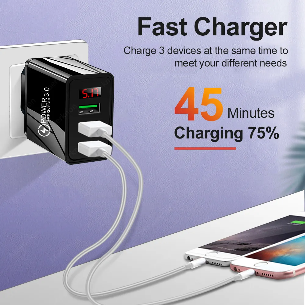 USB Fast Charger 3 Port Wall Adapter With LED Display Quick Charge 3.0 ...
