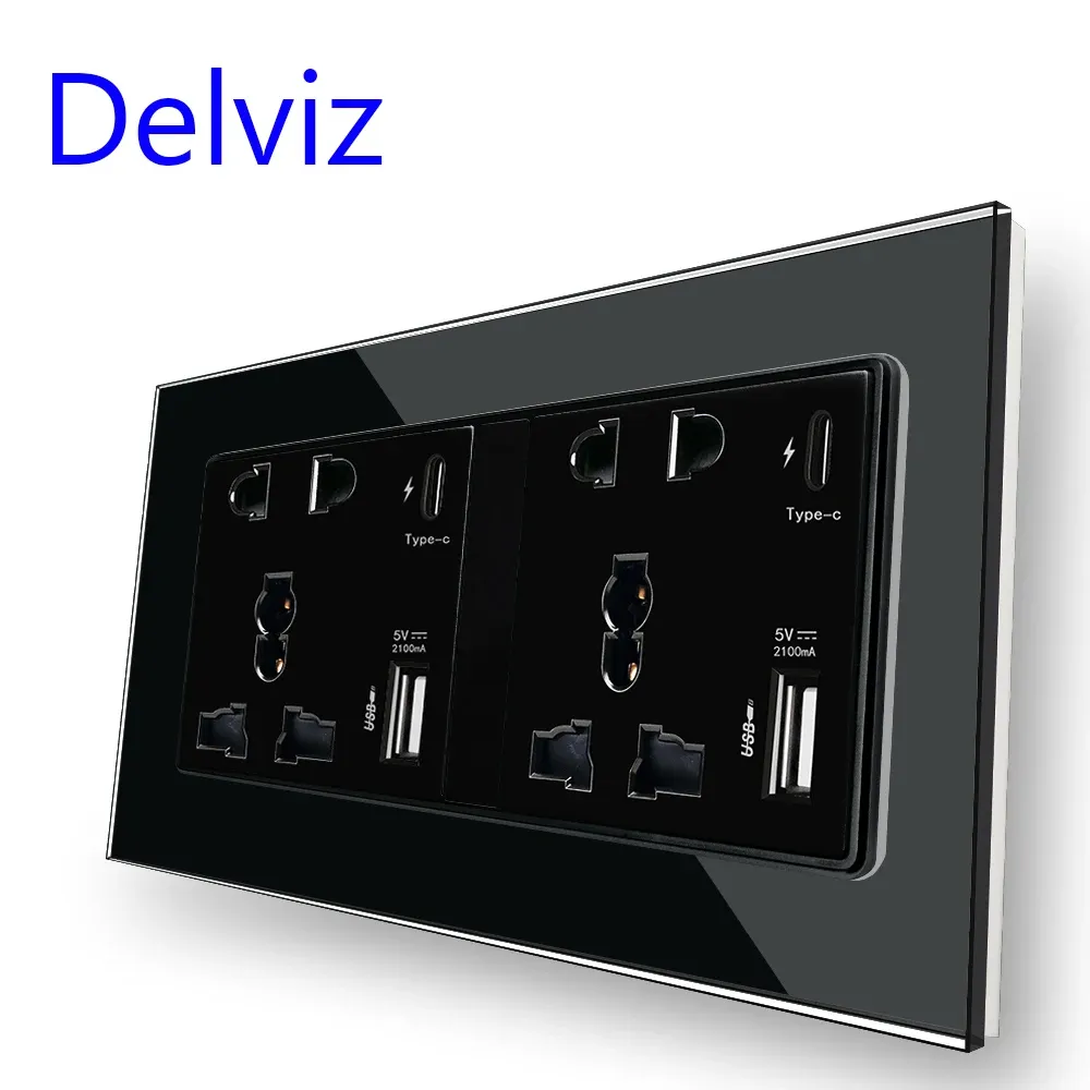 Wall Dual USB Socket With USB C: Crystal Glass Panel, 2A Power Port ...