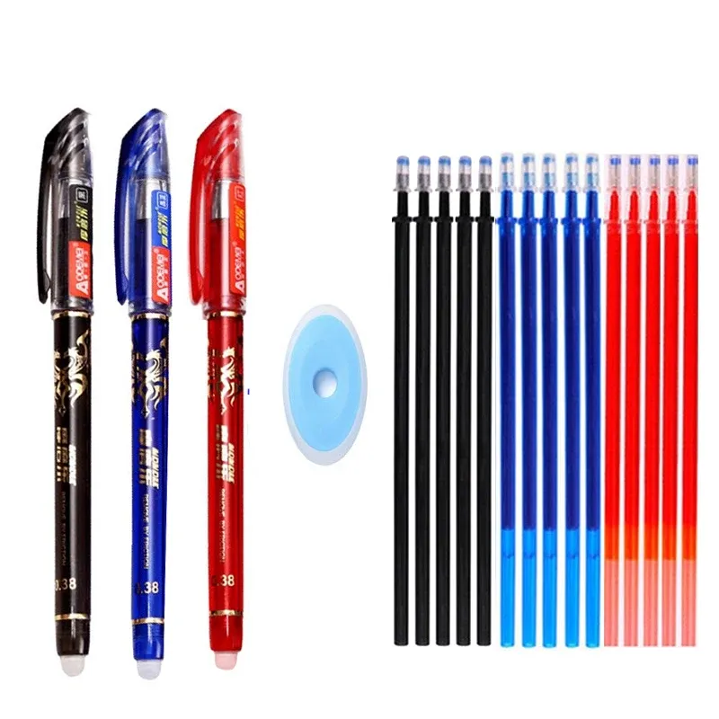 Set Erasable Gel Ink Pens 0.5mm Blue Black Red Ink Refills Washable ...