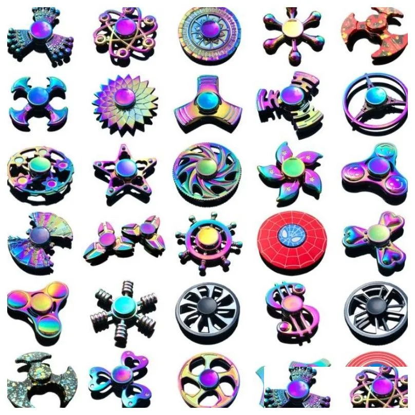 Rainbow Metal Fidget Spinner Set Back For Autism & ADHD Kids Star ...