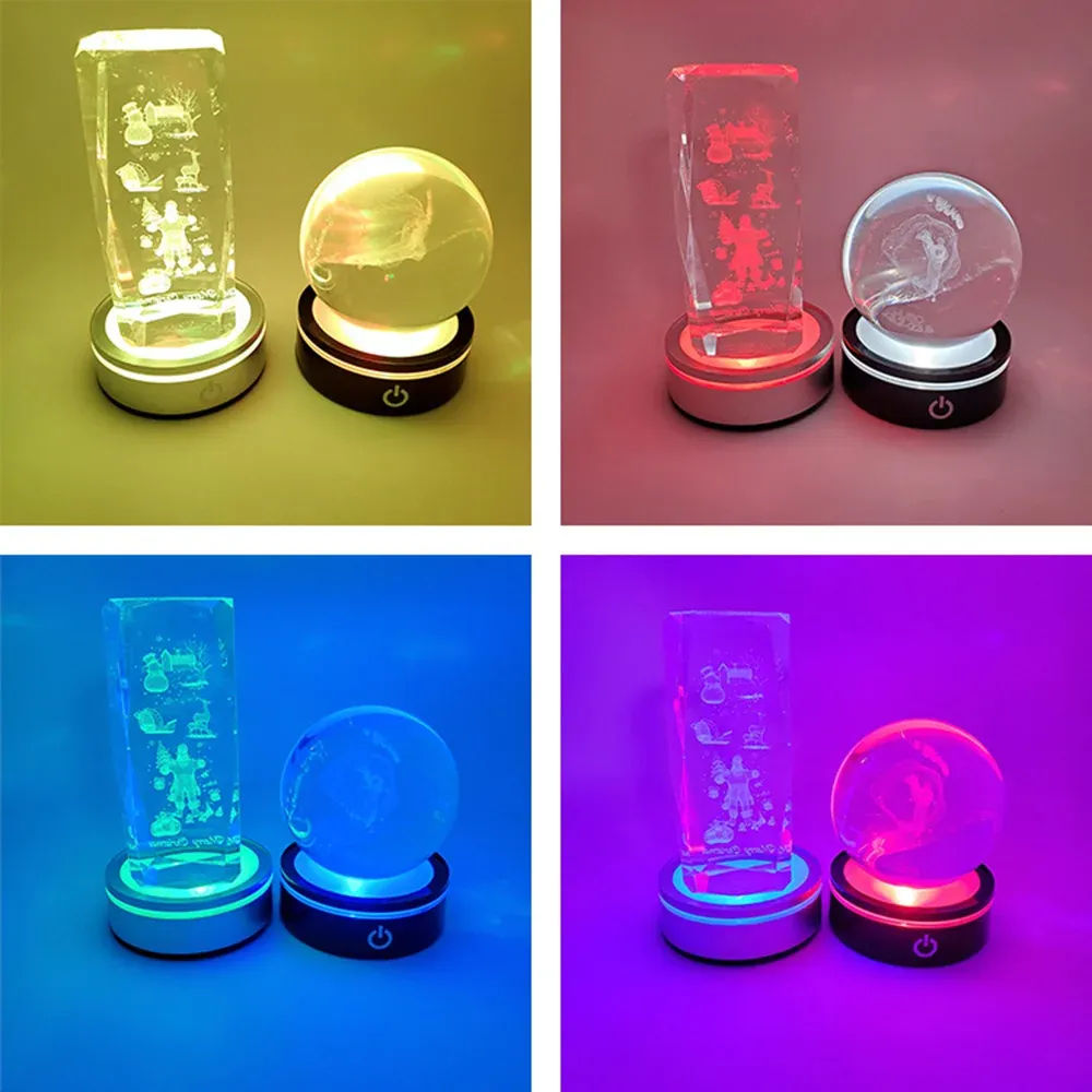 3D Crystal Glass Art Display Base: Colorful Round LED Light Stand For ...