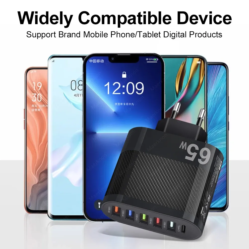 65W 6 Ports USB Fast Charge Charger PD Type-C Phone Power Adapter for ...
