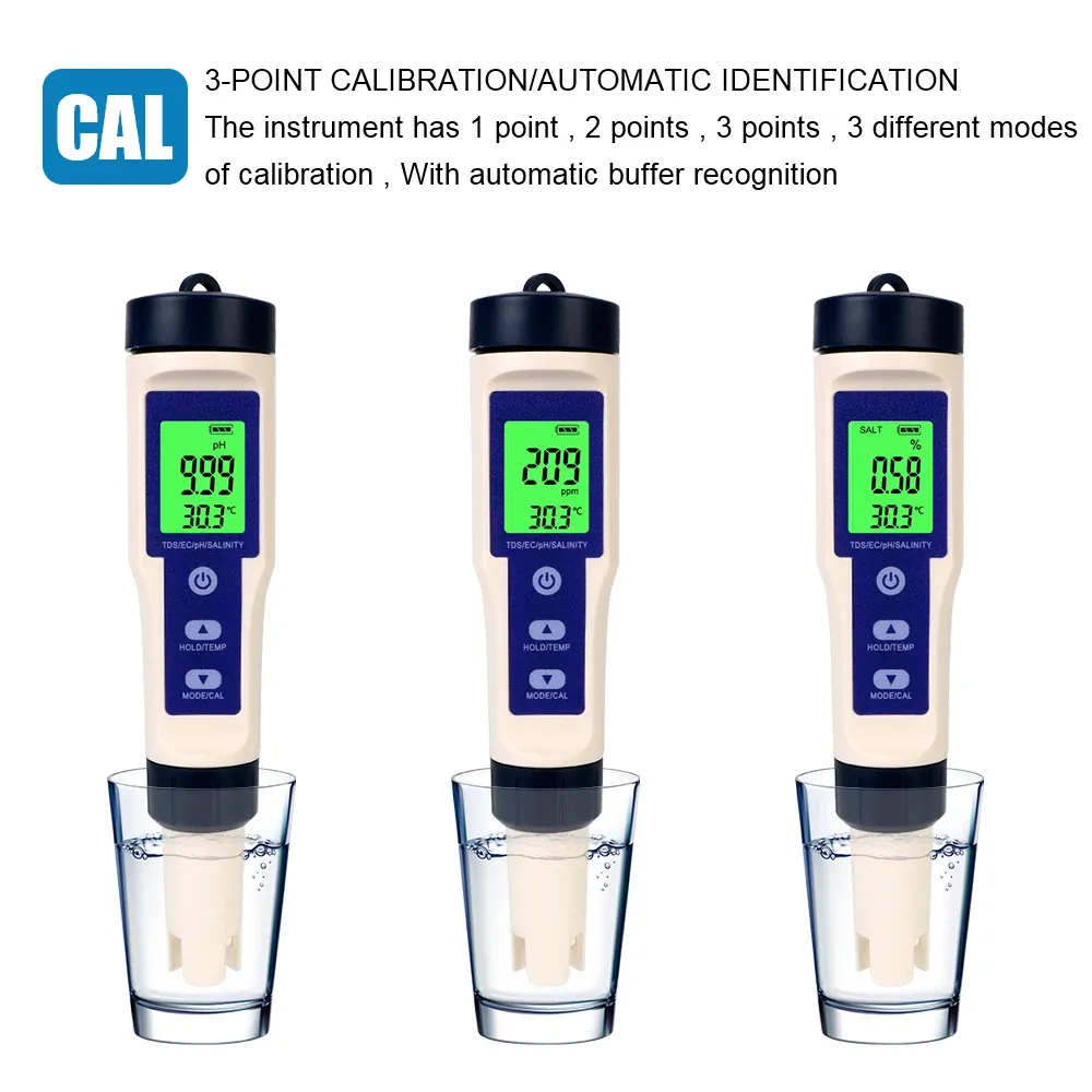 5 In 1 Water Quality Tester: PH/TDS/EC/SALT/TEMP Meter Electronic ...