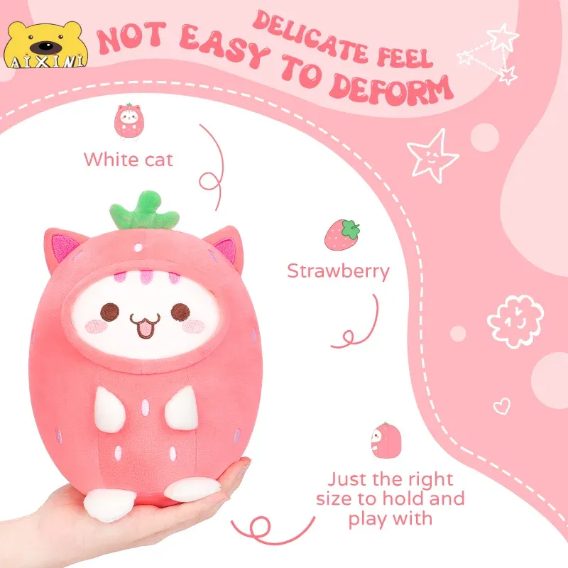 AIXINI Strawberry Bunny Plush: Kawaii Kitten Stuffed Animal Pillow Soft ...