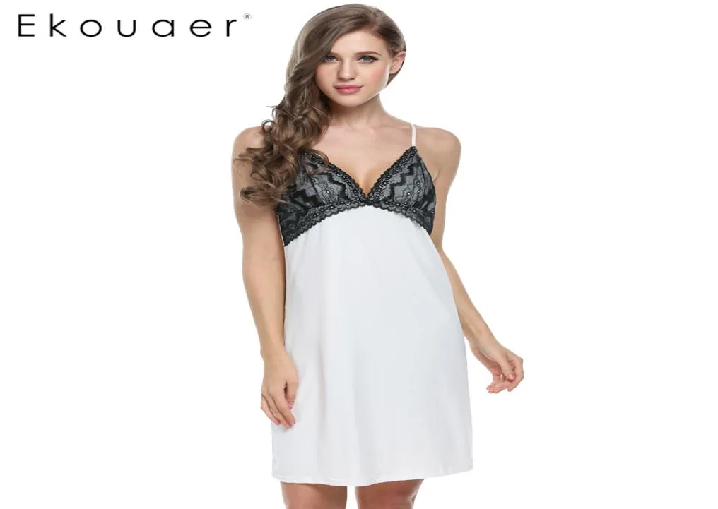 Ekouaers Sexy Lace Night Gown For Women Sleeveless V Neck Home Clothes