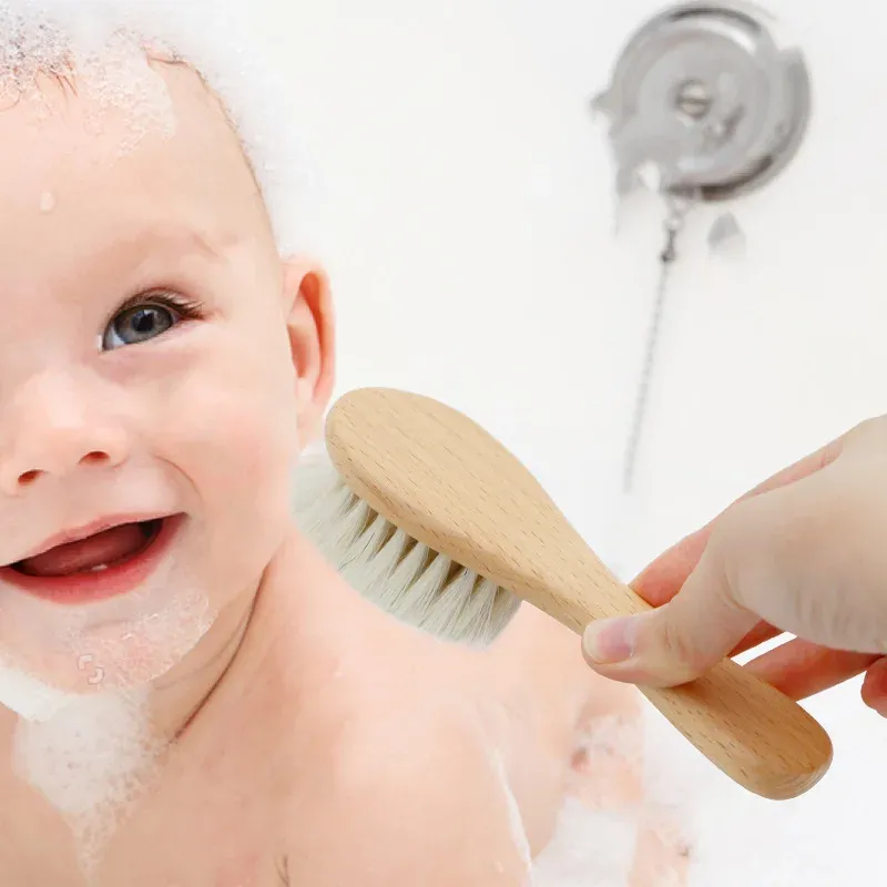 Soft Natural Wool Baby Brush & Comb Set for Infant Head Massage, Bath ...