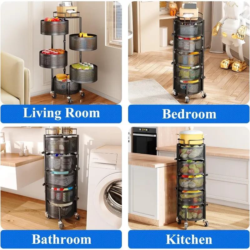 Kitchen Fruit Baskets - 5-Tier Rolling Storage Cart with Lid, Metal ...