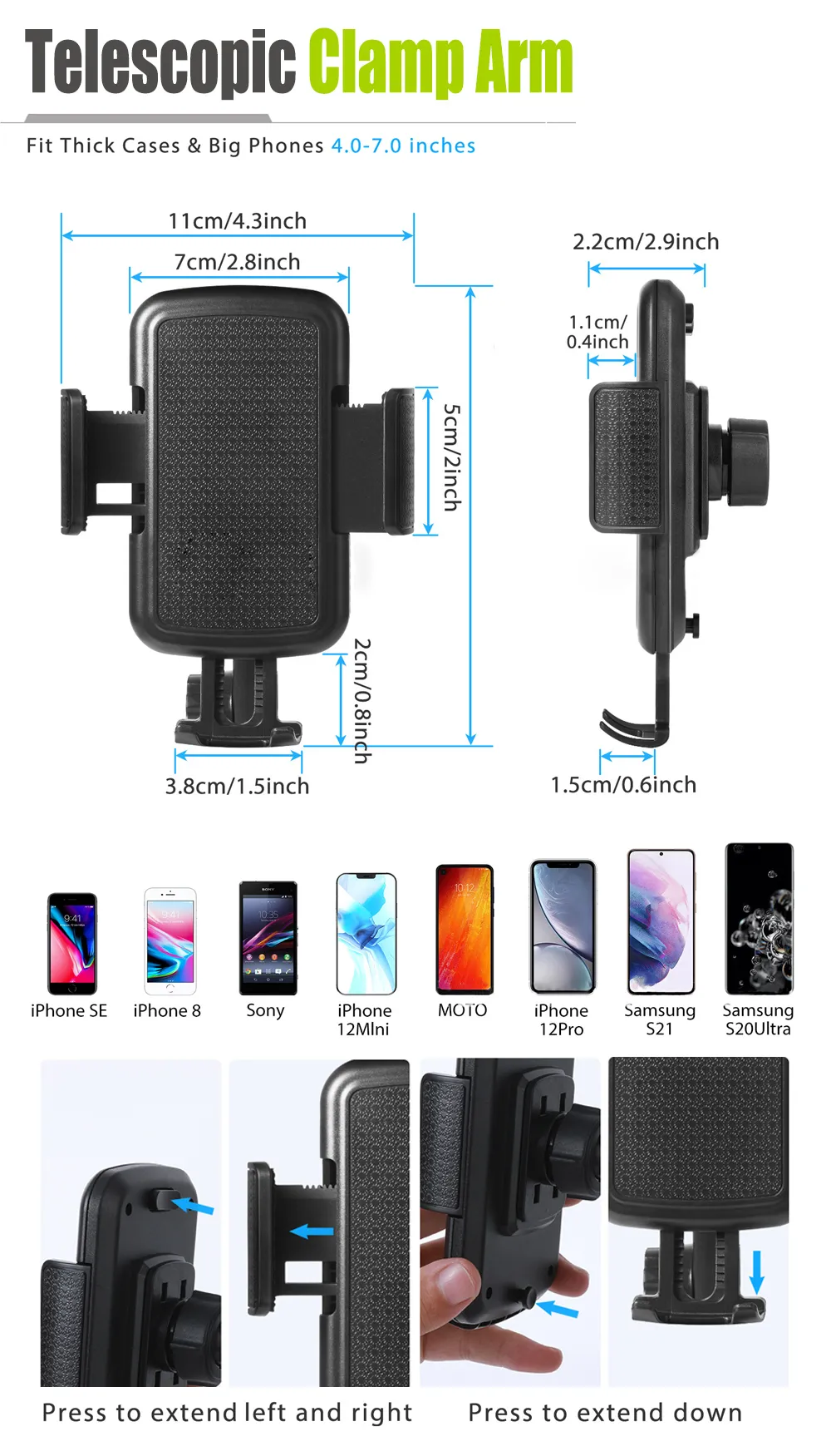 Adjustable Car Cup Mount Phone Holder with Telescopic Clamp Arm Fits ...