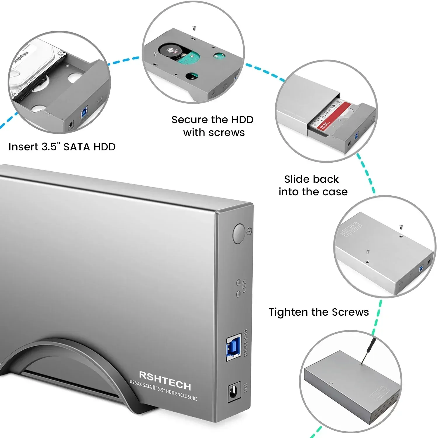 RSHTECH Aluminum Hard Drive Enclosure: USB 3.0 to SATA External HDD ...