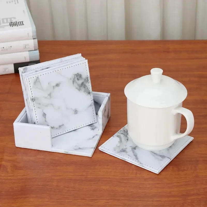Marble Coffee Cup Coasters Set W/ Holder For Drinks Round PU Leather ...