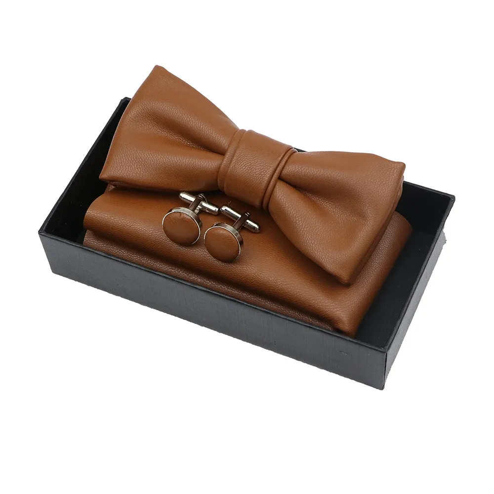PU Leather Bow Tie and Cufflink Set Solid Color Synthetic Leather ...
