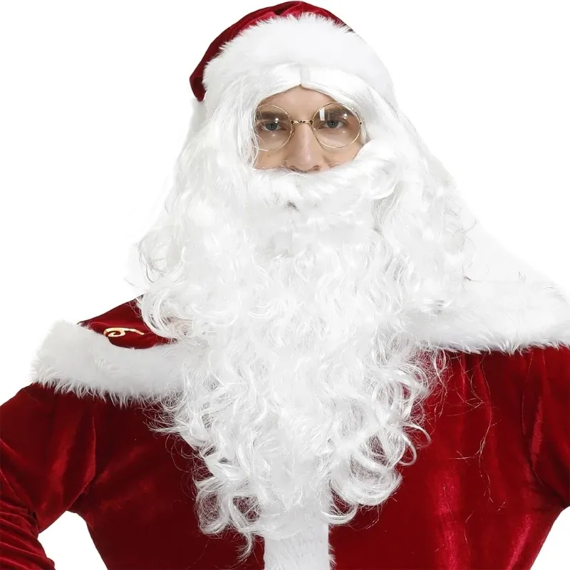 5-Piece Deluxe Red Santa Suit with Beard, Wig, Hat, Glasses, Gloves for ...