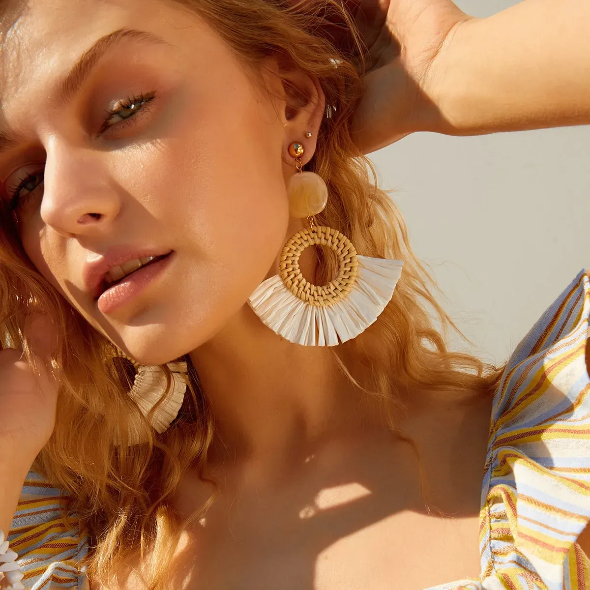 Bohemian Handmade Rattan Shell Raffia Drop gold earrings design for Women - Ethnic Geometric ...