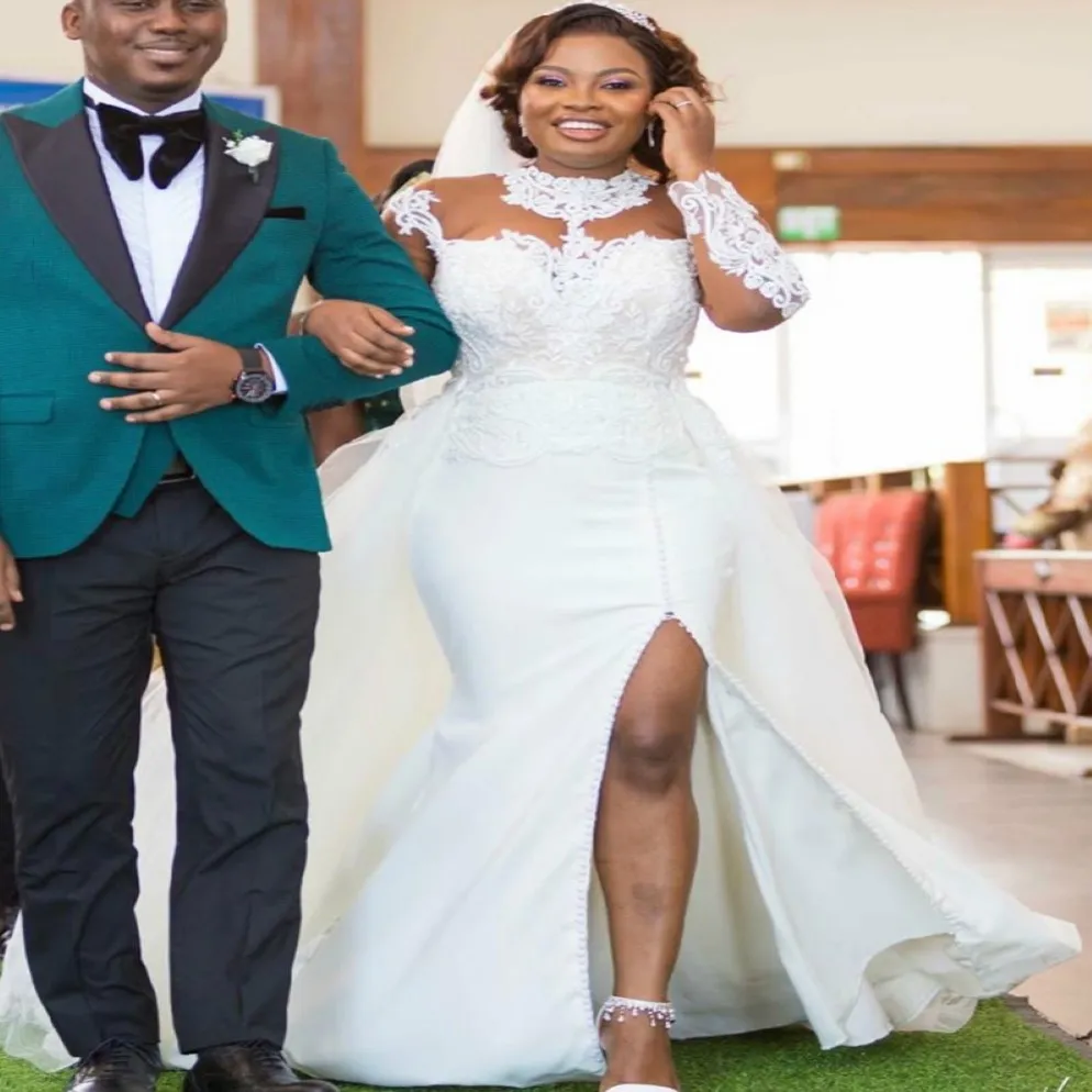 Plus Size Arabic Aso Ebi Lace Beaded Mermaid Wedding Dresses Sheer Neck ...