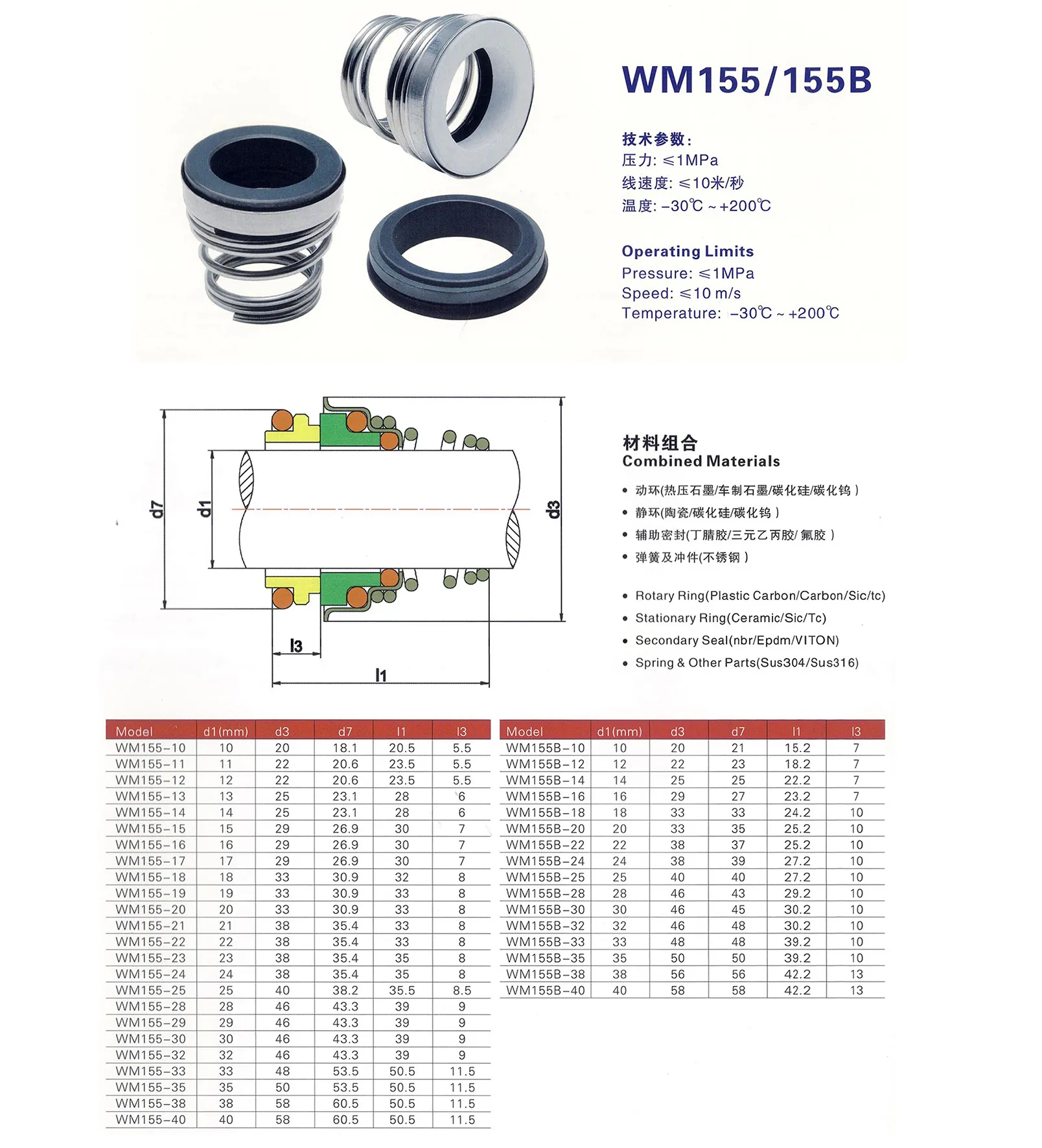 Water Pump Mechanical Shaft Seal Single Coil Spring CE-CA-NBR or SiC ...