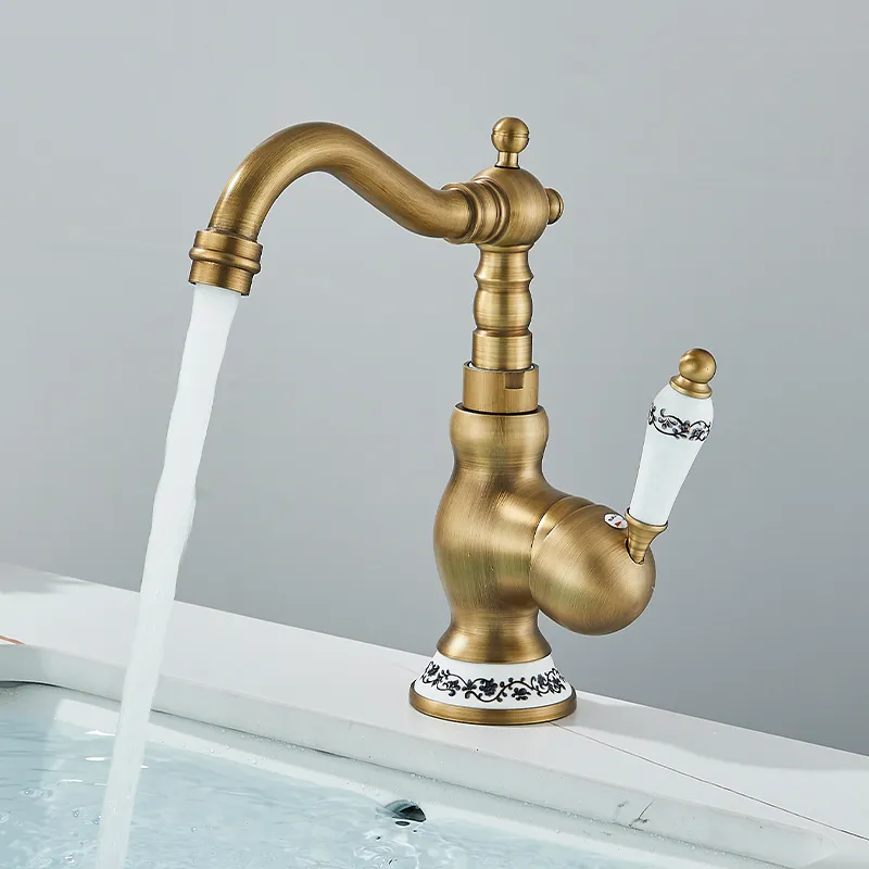 Solid Brass Antique Basin Taps: Single-Handle Deck Mount Bathroom Sink ...