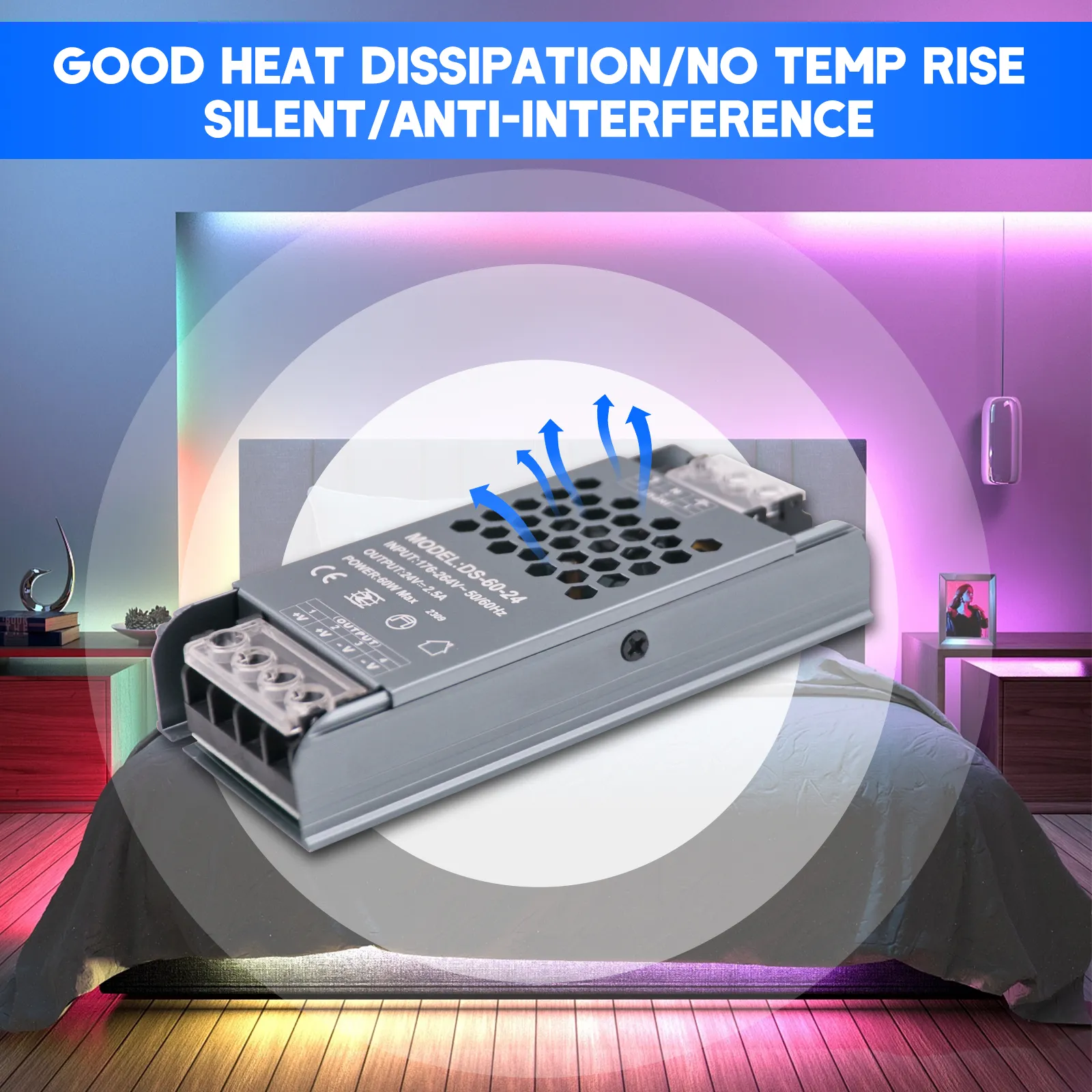 DC 12V 24V LED Power Supply AC176 264V Mute Lighting Transformers 60W ...