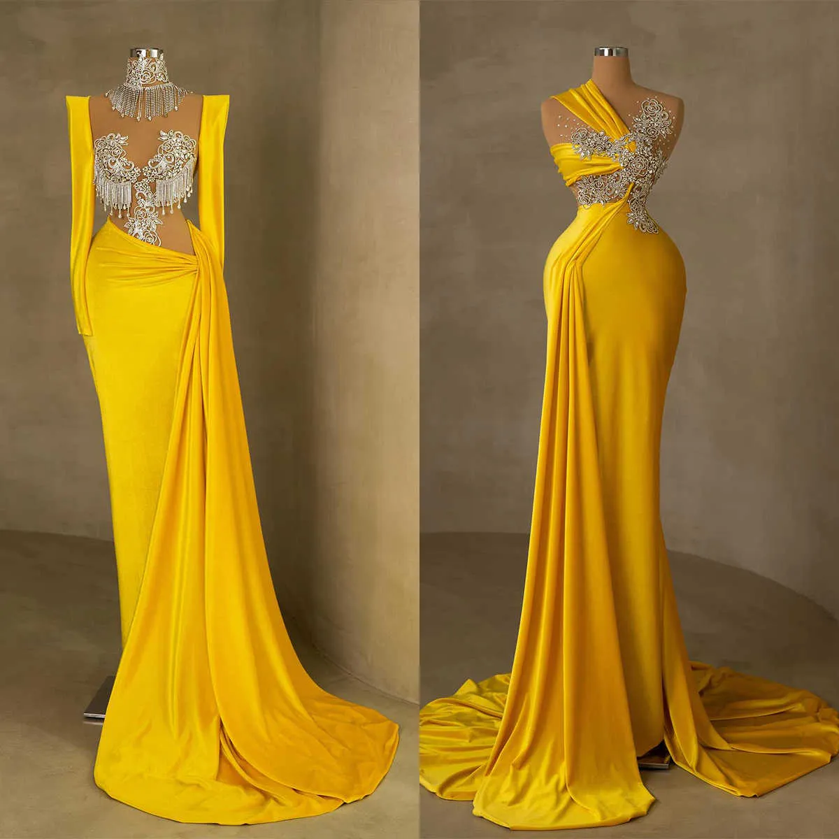 Yellow Mermaid Prom Dress With Illusion Crystal Beading Elegant Formal ...