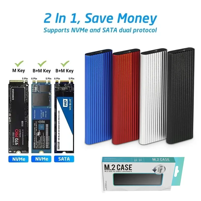 Upgraded USB 3.1 Gen 2 M.2 NVME/NGFF/SATA SSD External Enclosure Case ...