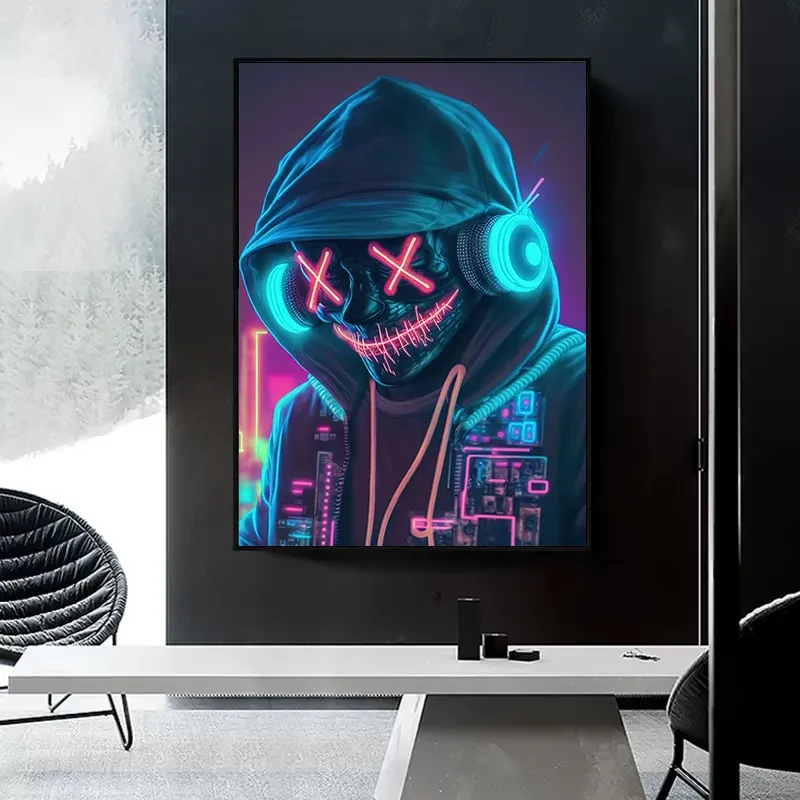 Neon DJ Headphone Canvas Wall Art: Abstract Music Poster For Modern ...
