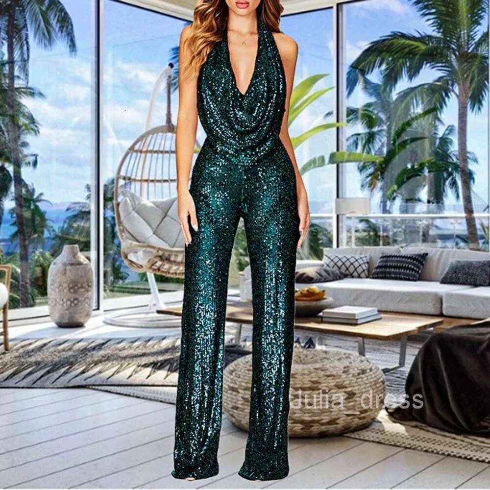 New 2024 Summer Jumpsuit Womens Sleeveless Neck Hanging Sequin Jumpsuit ...