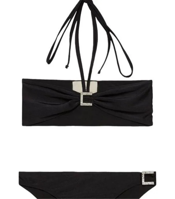 Shimmering Rhinestone Letter Black Bandeau Bikini Set Off Shoulder ...