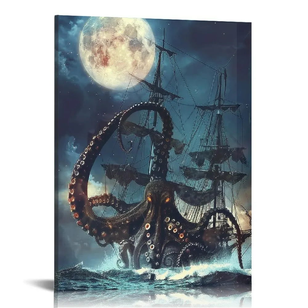 Pirate Ship Poster Prints Krakenns Octopus Vintage Sailboat Moon Canvas ...