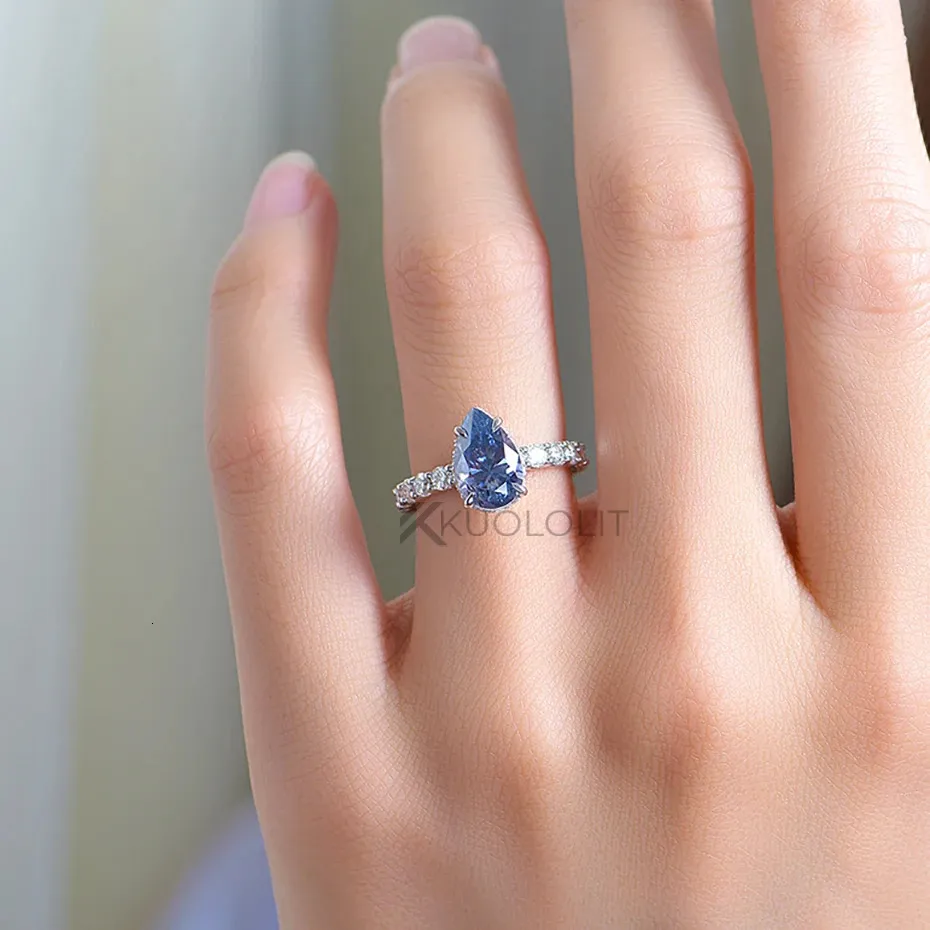 Kuololit 3CT Blue Ring for Women, Solid 18K White Gold, Pear Cut E W ...
