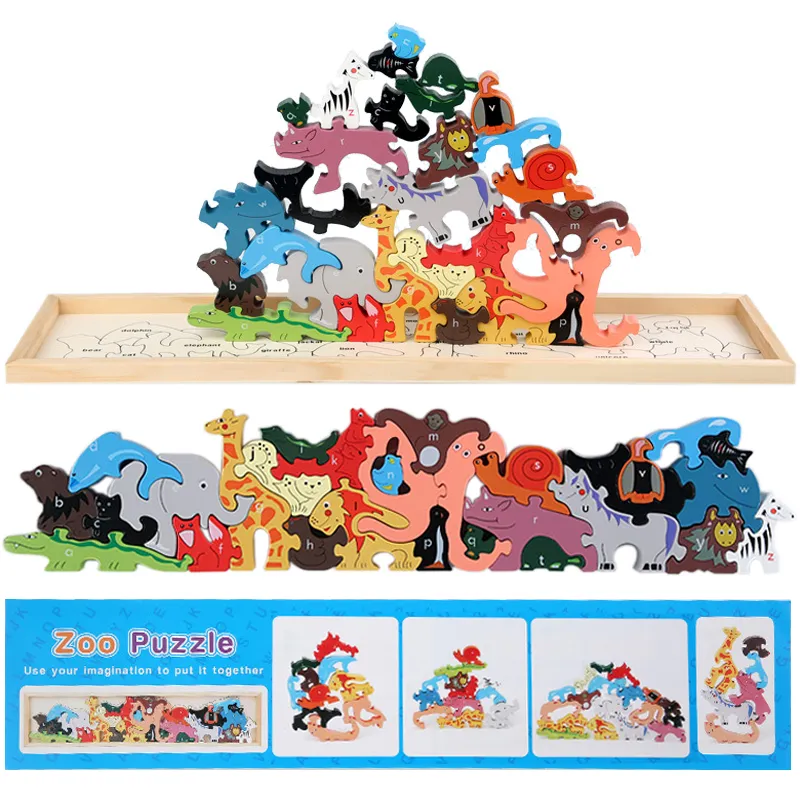 Montessori wooden animals blocks for Sensory Play:...