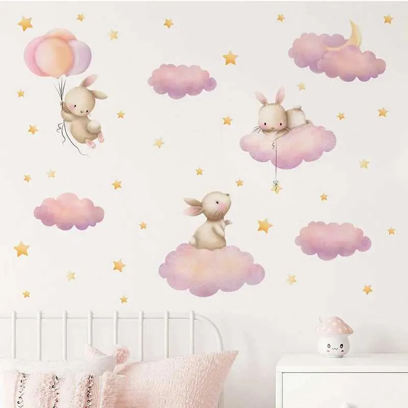 Wall Decor Kawaii Cartoon Bunny Pink Clouds Stars Watercolor Children ...