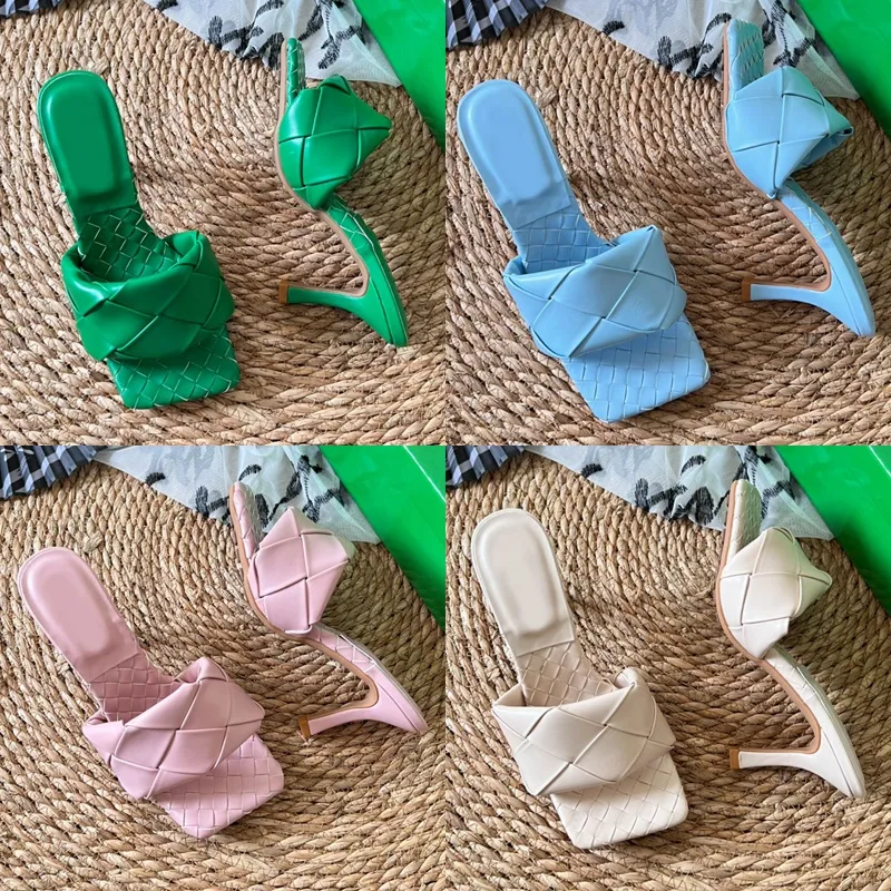 Slippers Designer Slides Sandals Women Leather Weave Sliders 8.5cm Heel ...