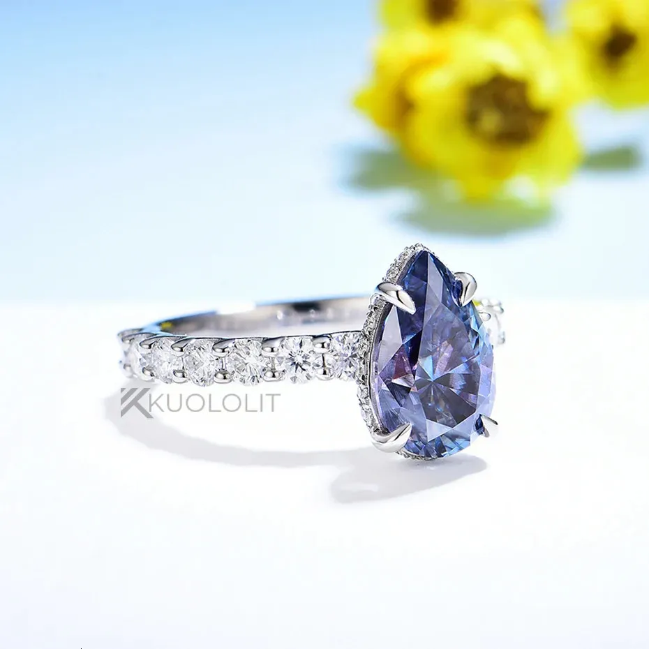 Kuololit 3CT Blue Ring for Women, Solid 18K White Gold, Pear Cut E W ...