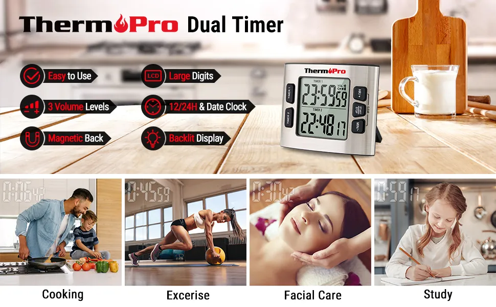ThermoPro TM02 Digital Kitchen Timer Dual Countdown Countup with Alarm ...