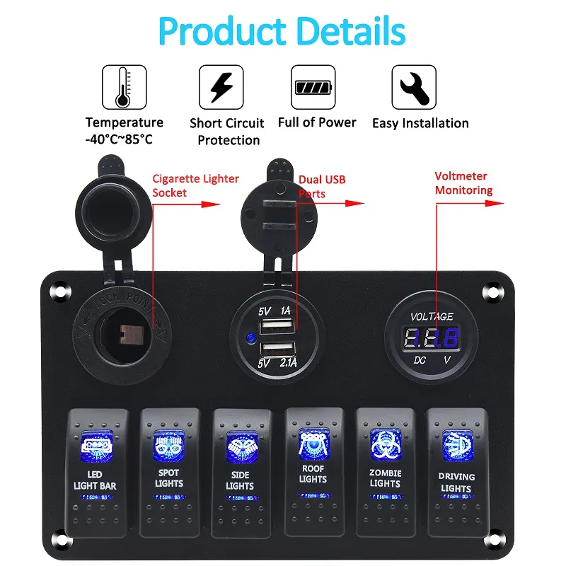 Waterproof 12-24 V Rocker Switch Panel with USB Charging Port and ...
