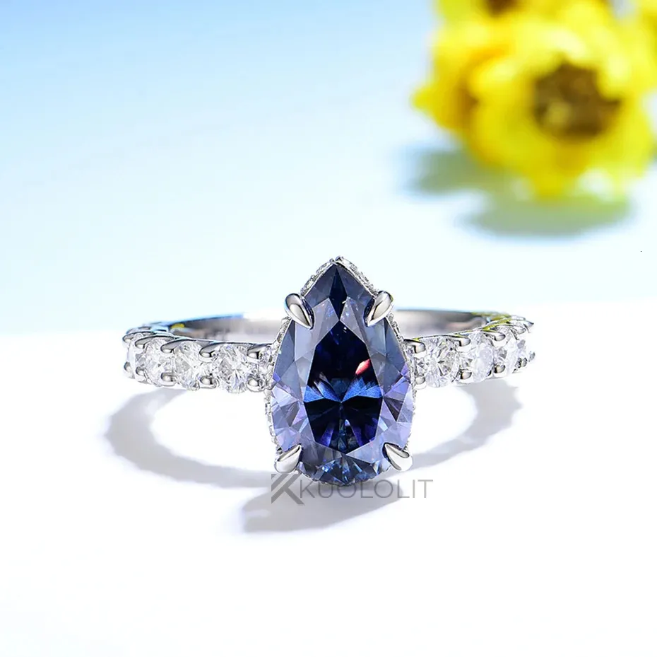 Kuololit 3CT Blue Ring for Women, Solid 18K White Gold, Pear Cut E W ...