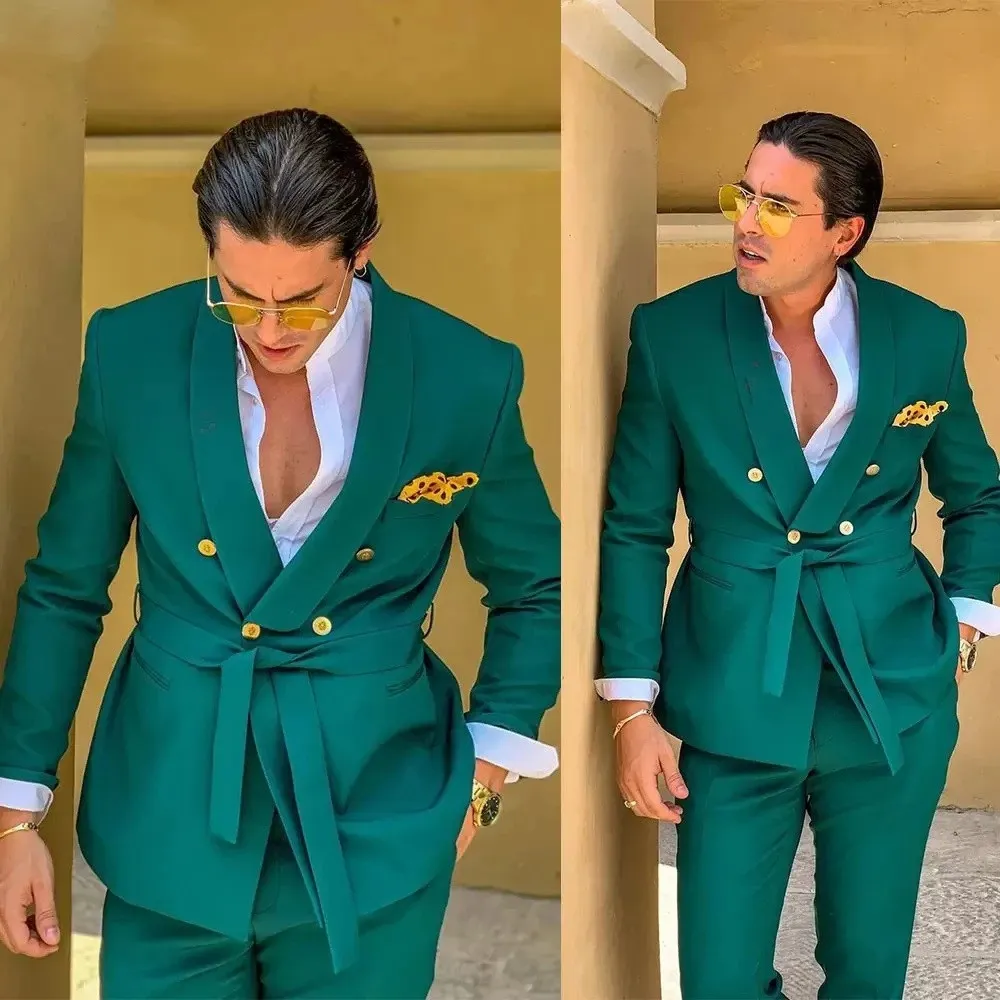 Green Mens Double Breasted Suit Formal Wedding Groom Jacket And Pants ...