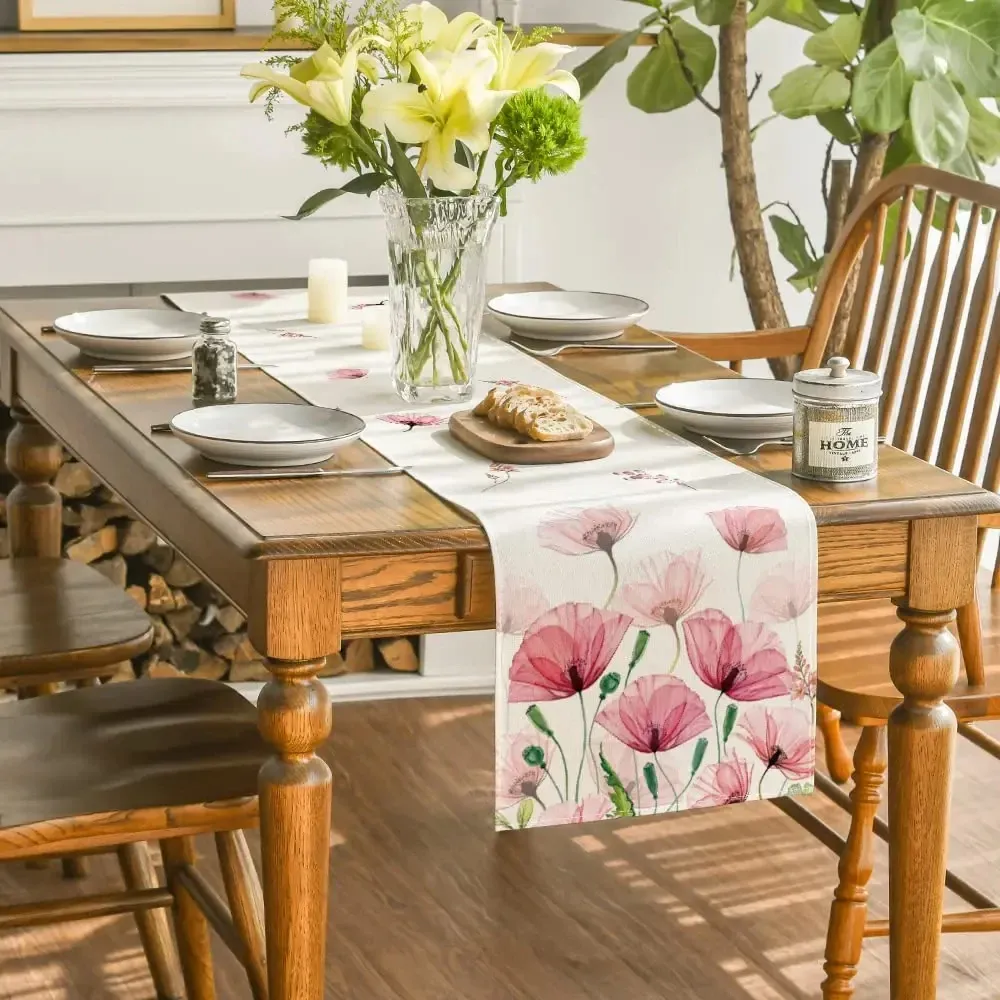 Coffee Table Runners Linen Blend With Poppy Leaf Design, Fresh Style ...