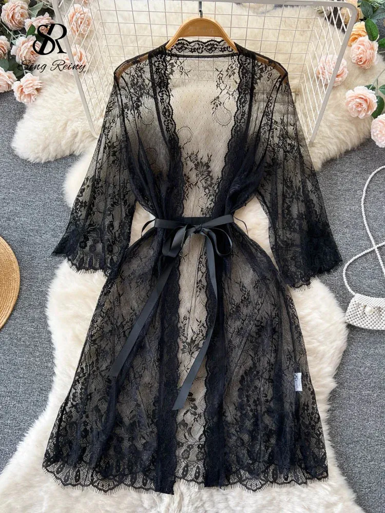 Singreiny Mesh Sheer Sensual Cardigan Nightwear Women V Neck Lace Print