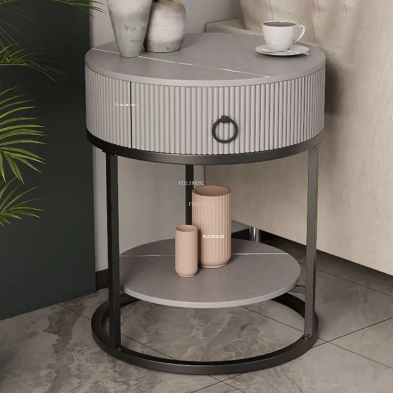 Modern Round Rock Slab Nightstands Light Luxury Furniture Bedside Table ...