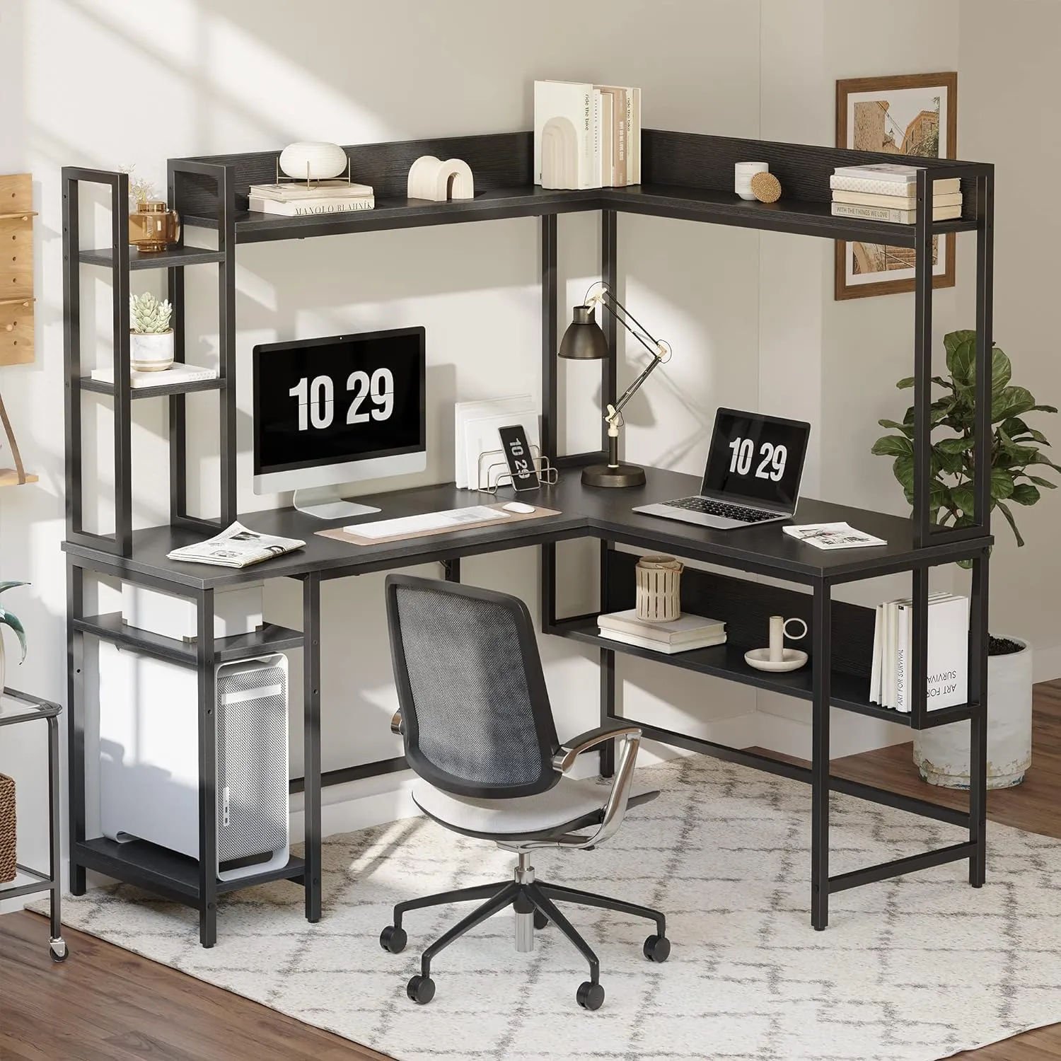 Gaming L Desk With Hutch: Large Corner Computer Desk With Bookshelf ...