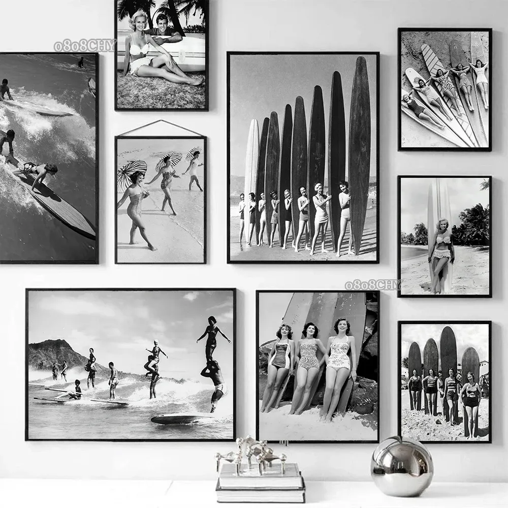 Surfing Girls Canvas Wall Art Black And White Vintage Surf Photo