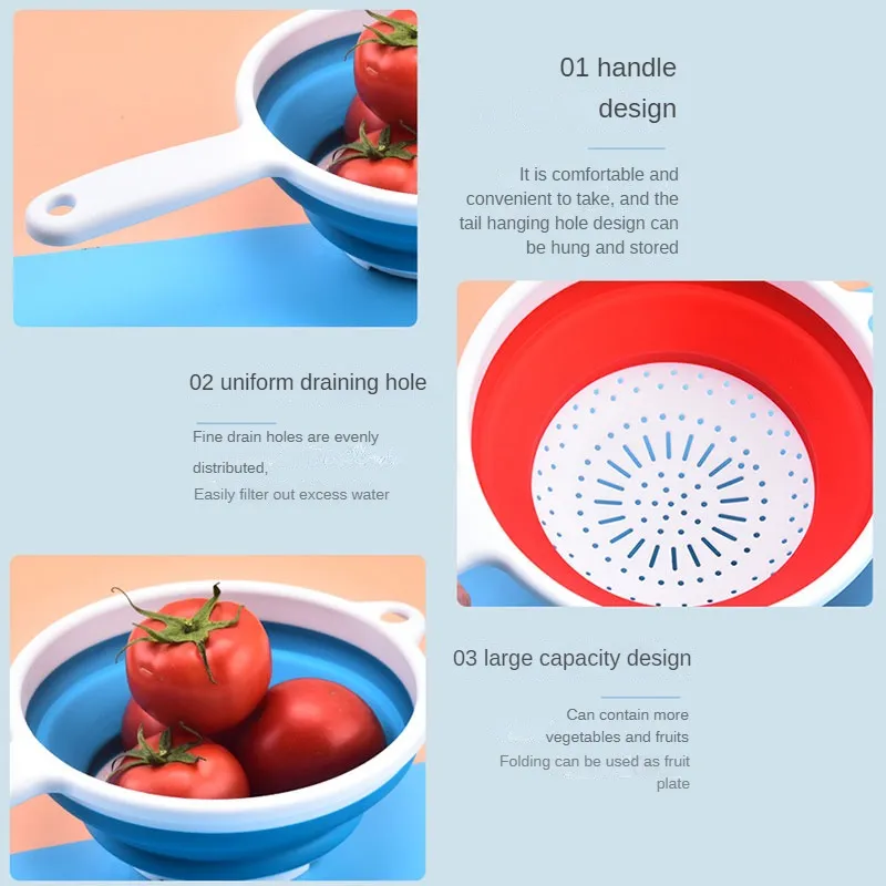 Collapsible Silicone Kitchen Colander with Long Handle Foldable ...