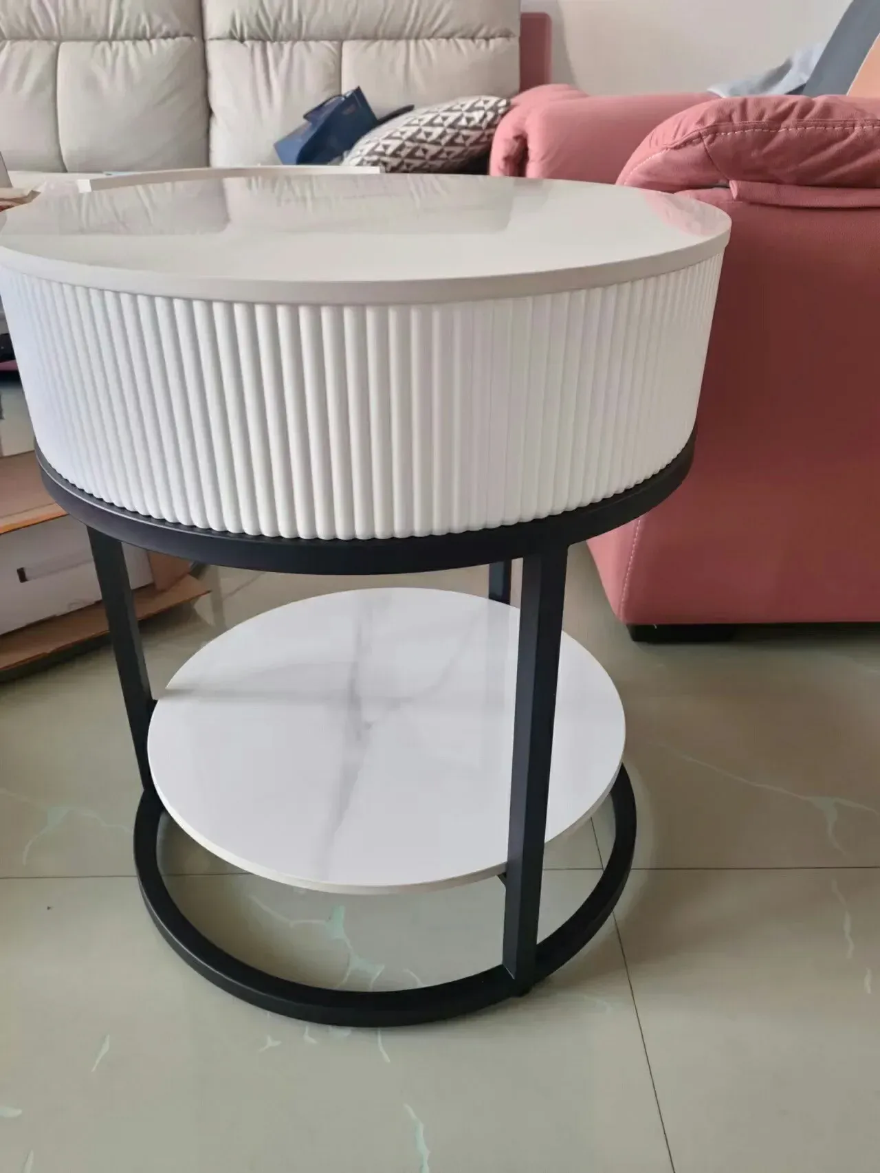 Modern Round Rock Slab Nightstands Light Luxury Furniture Bedside Table ...